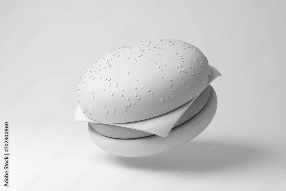 White cheeseburger floating in mid air on white background in ...