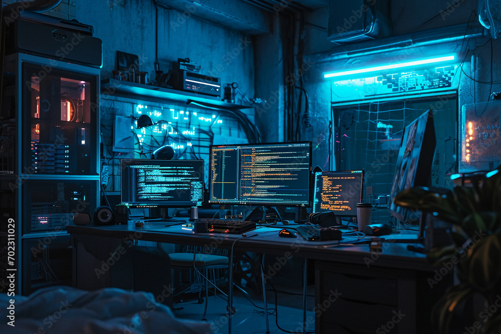 Stock-Foto „hacker's lair, dark room illuminated only by the glow of computer screens displaying ...