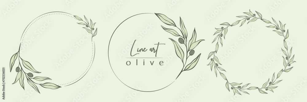 Botanical line illustration set of olive leaves, branch wreath for ...