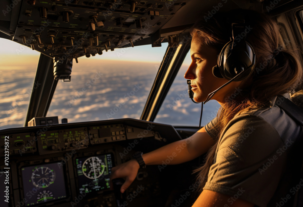 Foto female Air force military co pilot operated systems in jet cockpit ...