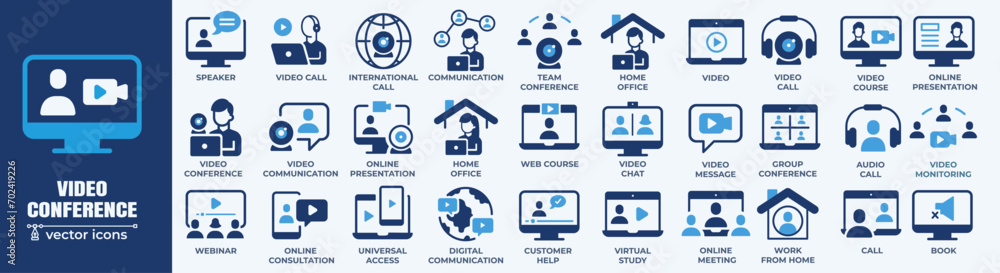 Video conference and group call icon set with black stroke and white ...