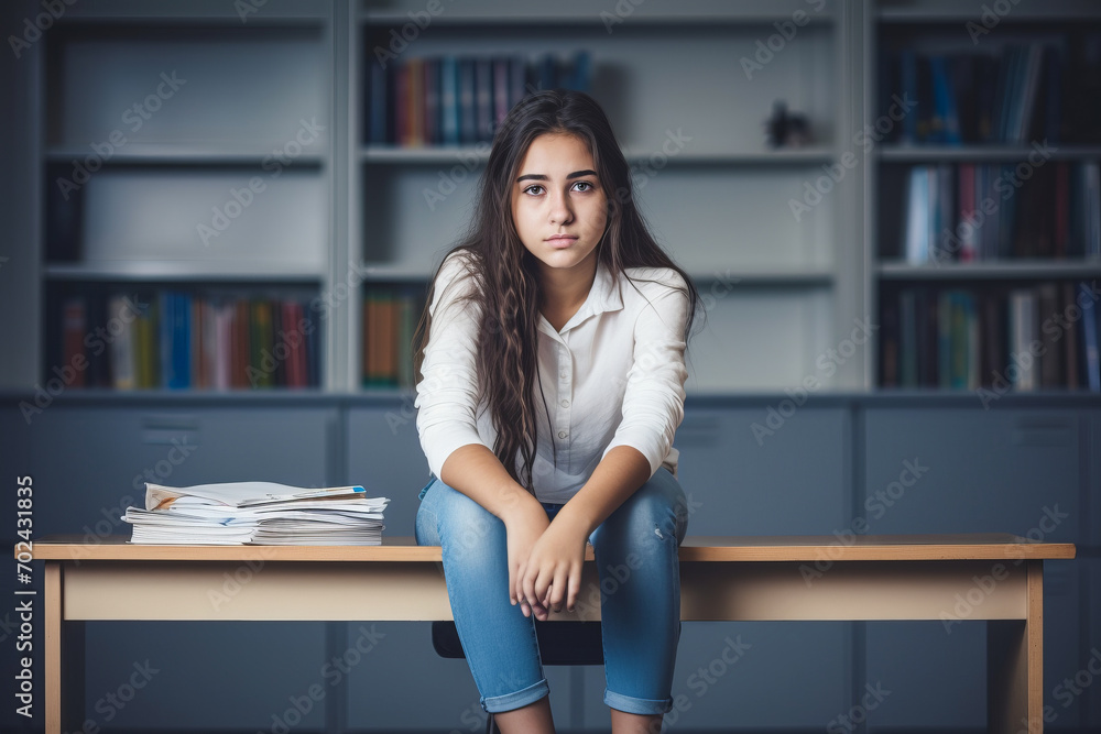 Depressed high school girl waiting for punishment in flawed education ...