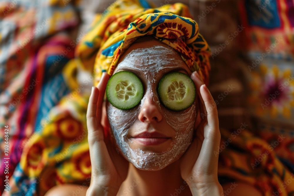 Photo Stock Self-care ritual: A woman lying down, pampering herself ...