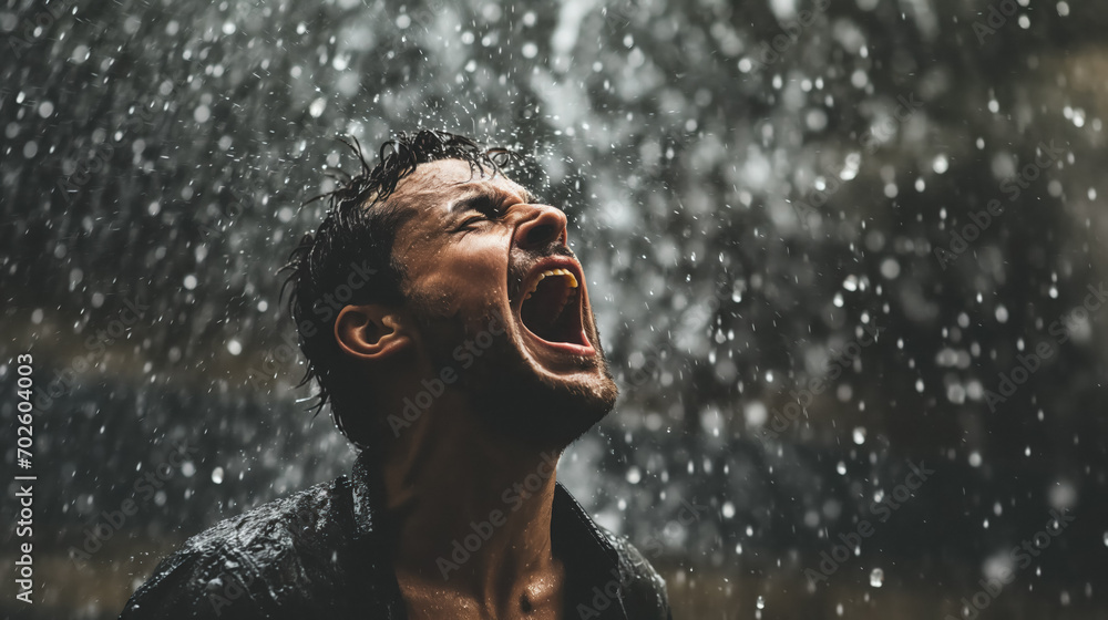 Man screaming in the pouring rain. Stock Photo | Adobe Stock