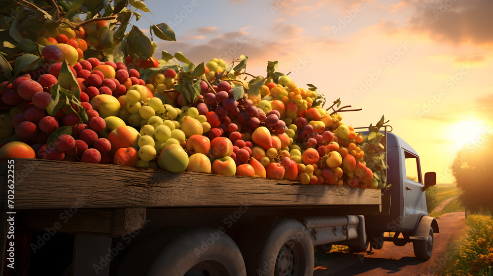 Vintage truck carrying various types of fruits in an orchard with ...