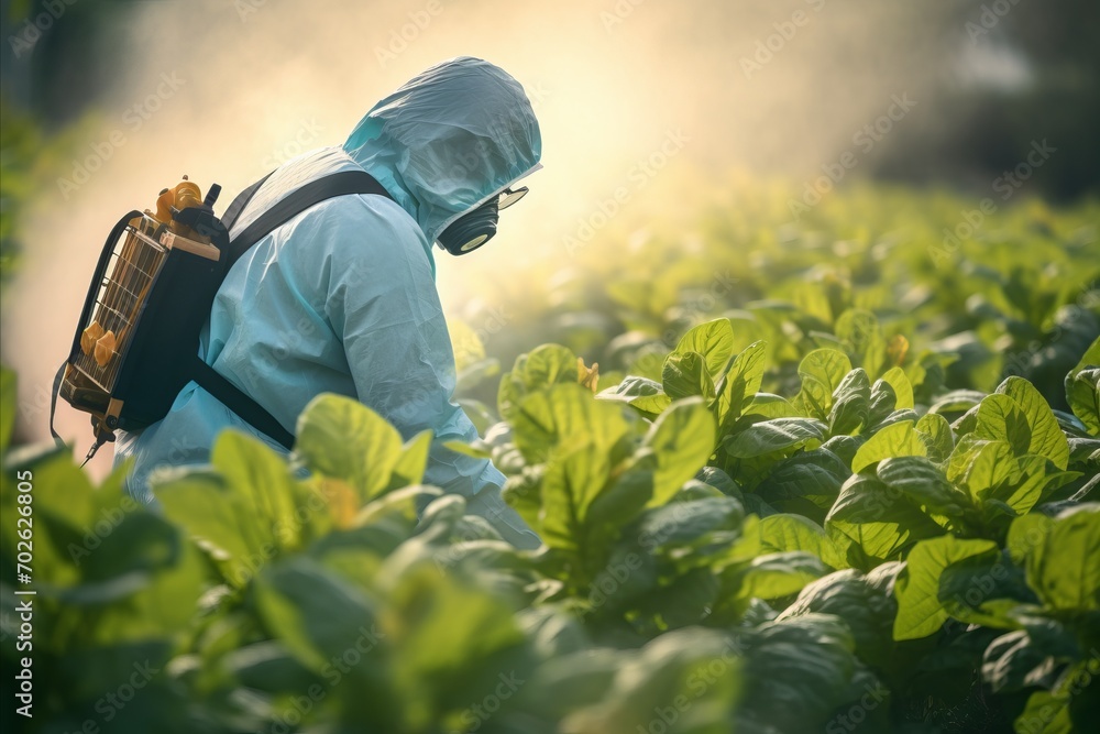 An agricultural worker wearing a safety suit and respirator applies ...