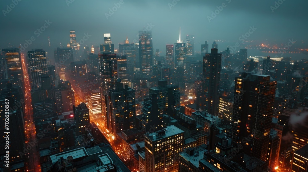 rooftop view of a city at night, wide shot, urban skyline with ambient ...