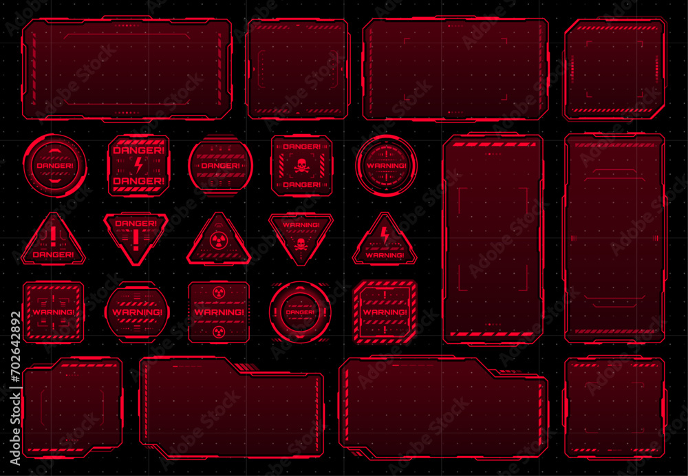 Vector de Stock HUD red warning frames, futuristic game screen borders and danger signs, vector ...