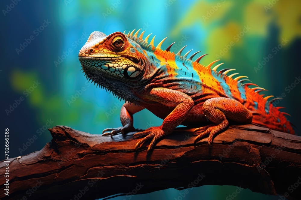 Beautiful green chameleon on turquoise blue background with tropical ...