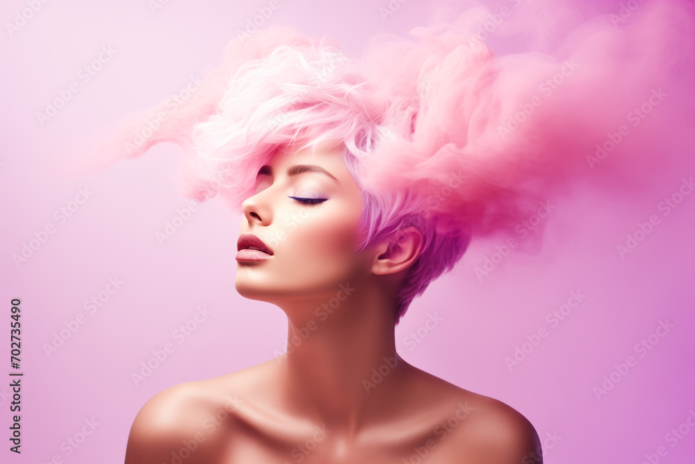 Beautiful Woman with pink smoke instead of her hair, her hair is ...