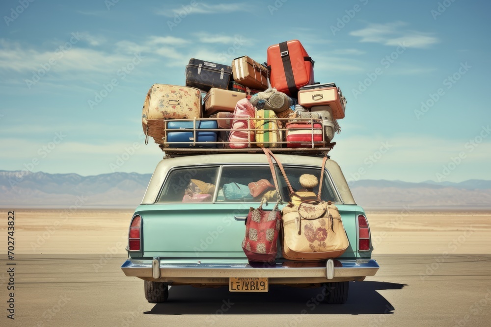 Travel, vacation concepts. Generative AI. An old retro blue car with ...