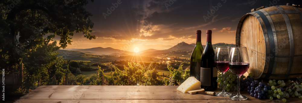 Wine bottles and glasses, wooden wine barrel in winery, sunset over ...