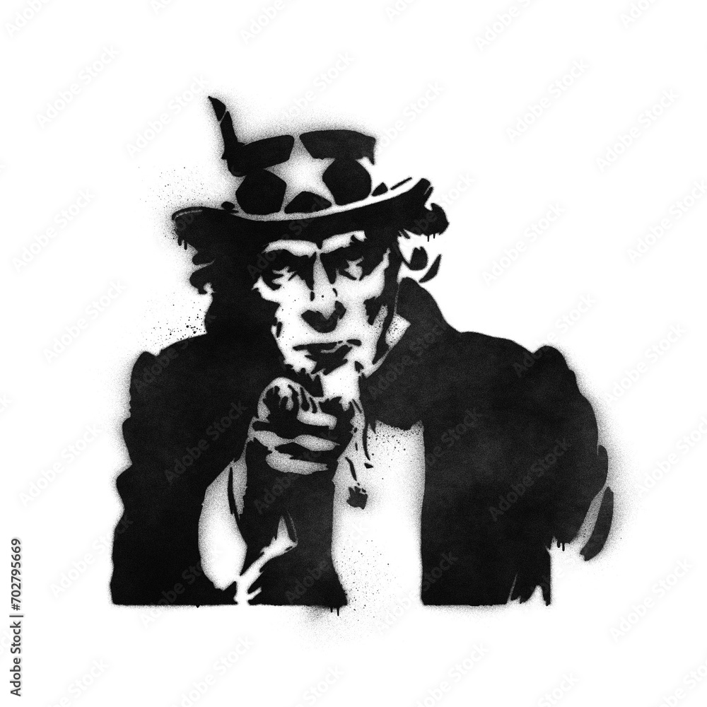 Graffiti-style Uncle Sam stencil with spray paint effect isolated on transparent background ...