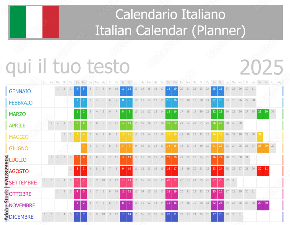 2025 Italian Planner Calendar with Horizontal Months on white ...