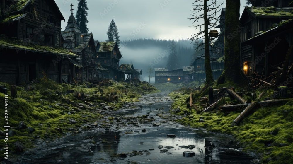 Post-apocalyptic abandoned city. Destroyed overgrown town after ...