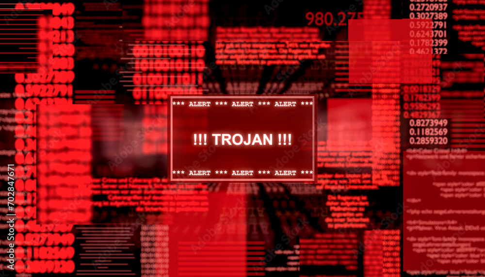 Trojan virus alert, warning sign on screen. System message, cyber crime, hacking, threat ...