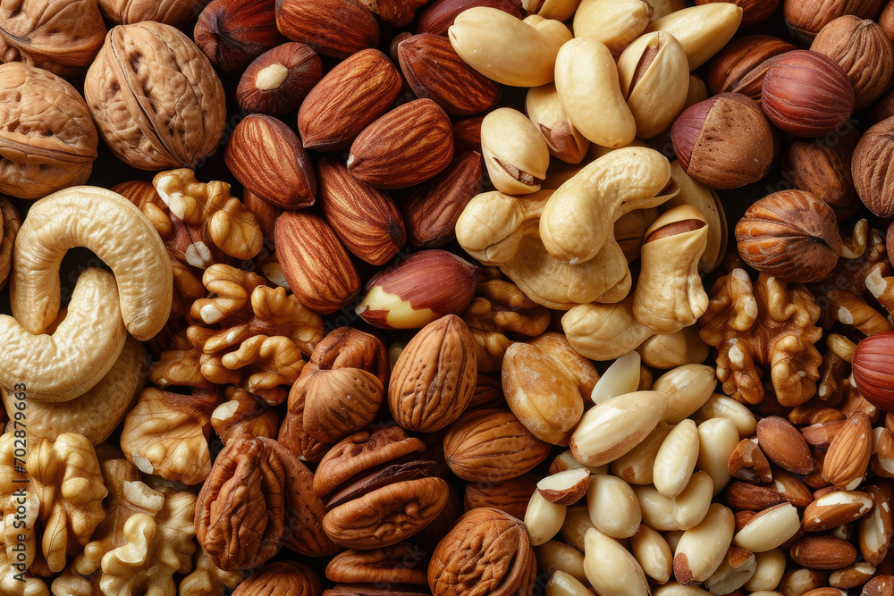 Mix of different kinds of natural nuts background, including of pecan ...