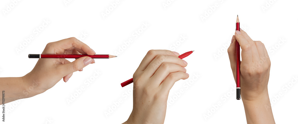 Hand holding simple pencil, drawing, sketching, writing, above and side ...