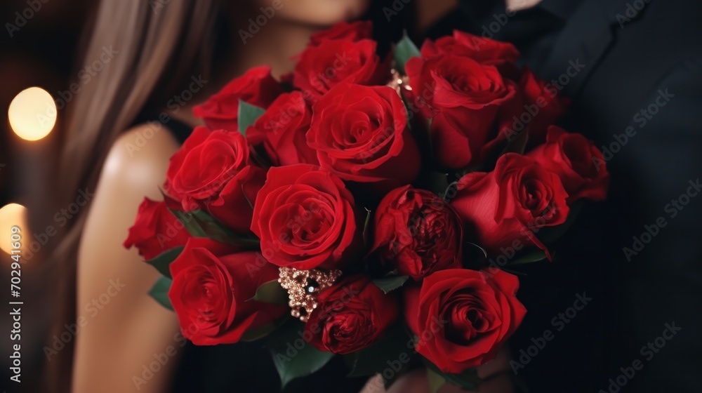 couple in love of man and woman kissing behind big red roses bouquet at ...