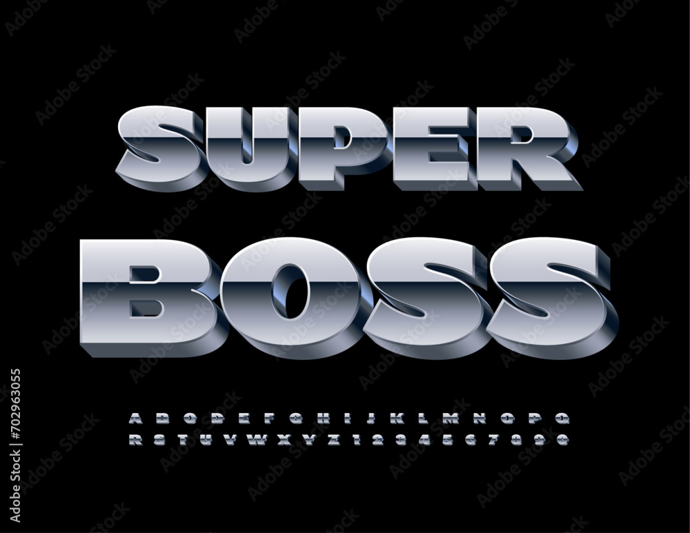 Vector business emblem Super Boss. Cool Chrome Font. 3D silver Alphabet ...