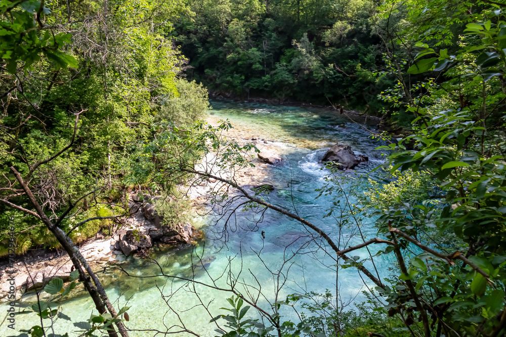 Foto de Stock Turquoise creek of Soca river in Bovec, Triglav National ...