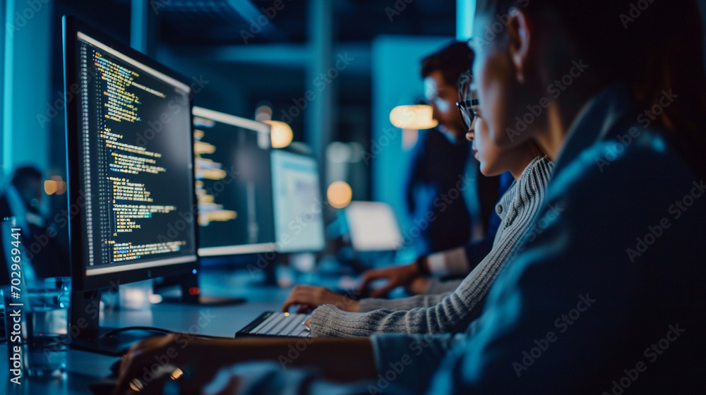 IT specialists working on a complex coding problem together, Team ...