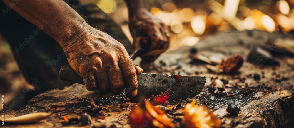 Exposing palm kernel by cutting one palm fruit. Stock Photo | Adobe Stock
