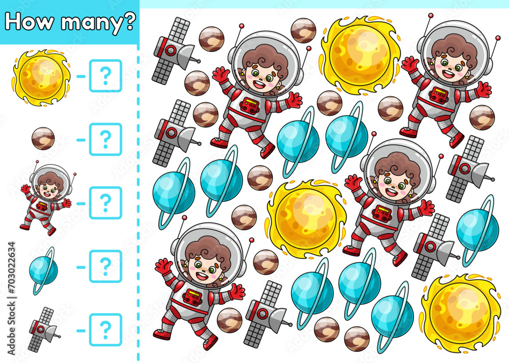 Kids space math game. How many. Count cartoon planets Uranus, Pluto ...