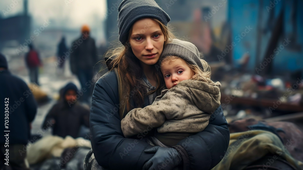 Ragged and tired looking young mother hugging her little daughter in a ...
