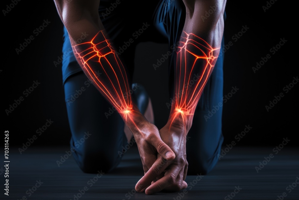 Digital composite of highlighted leg of woman in yoga pose against ...