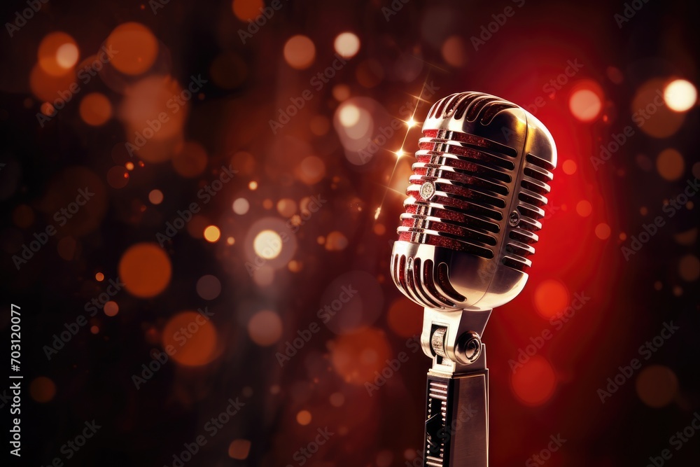 Retro microphone on stage with bokeh background. Music concept ...
