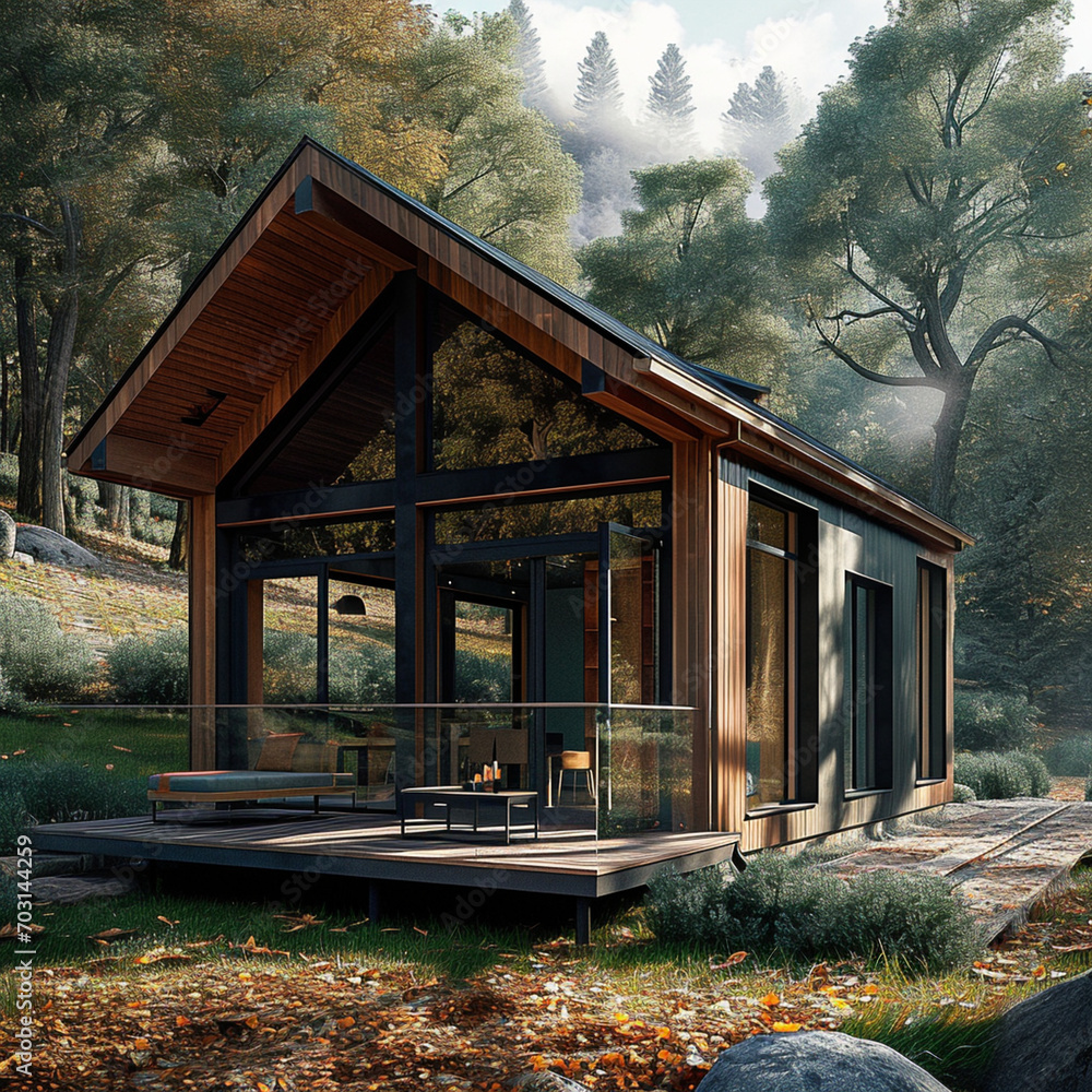 Tiny one floor timber frame house with double front doors and terrace ...