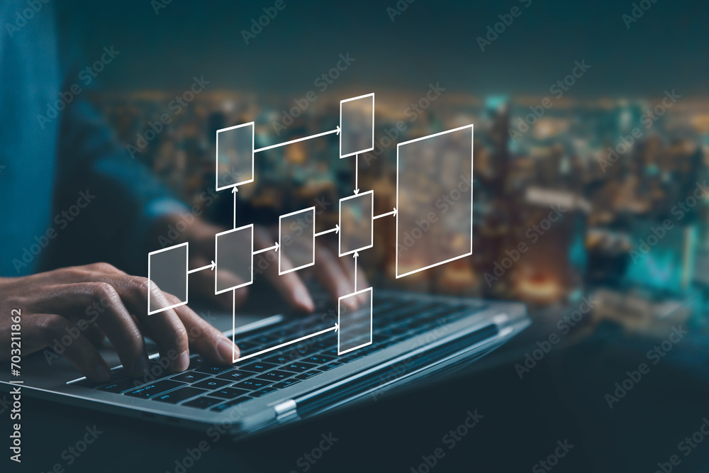 Stock-Foto „businessman using computer show diagram algorithm flow to ... Stock-Foto „businessman using computer show diagram algorithm flow to ...