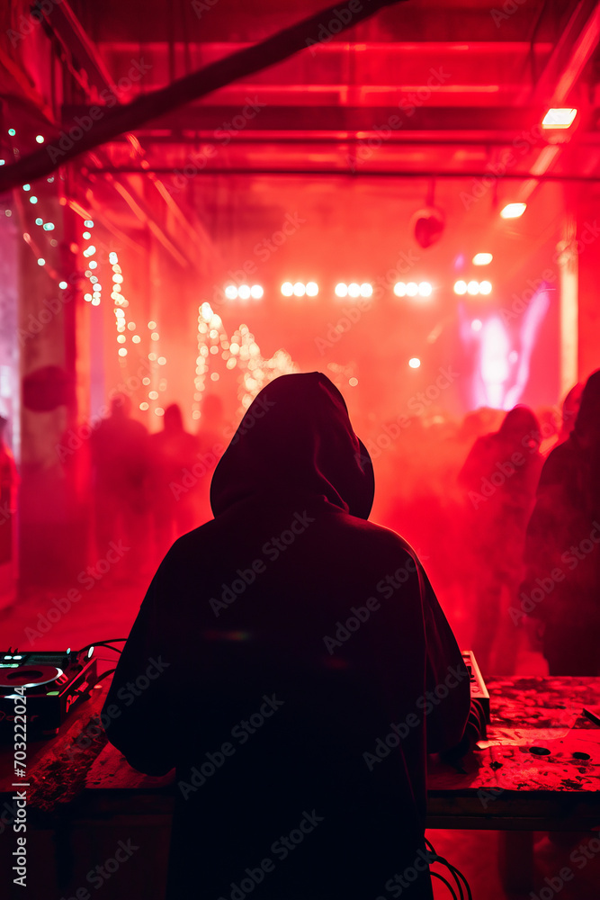 Hooded dj on stage plays techno on cd turntables to huge dancing crowd ...