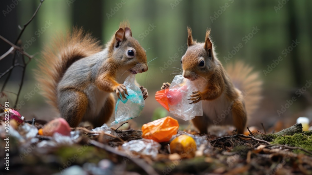 Squirrels playing with plastic waste, garbage dump left by human in ...