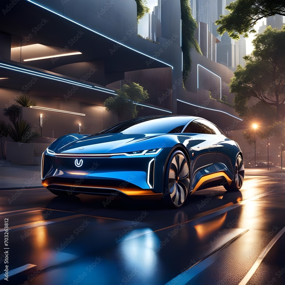 This AI image portrays a sleek electric car with autonomous driving ...