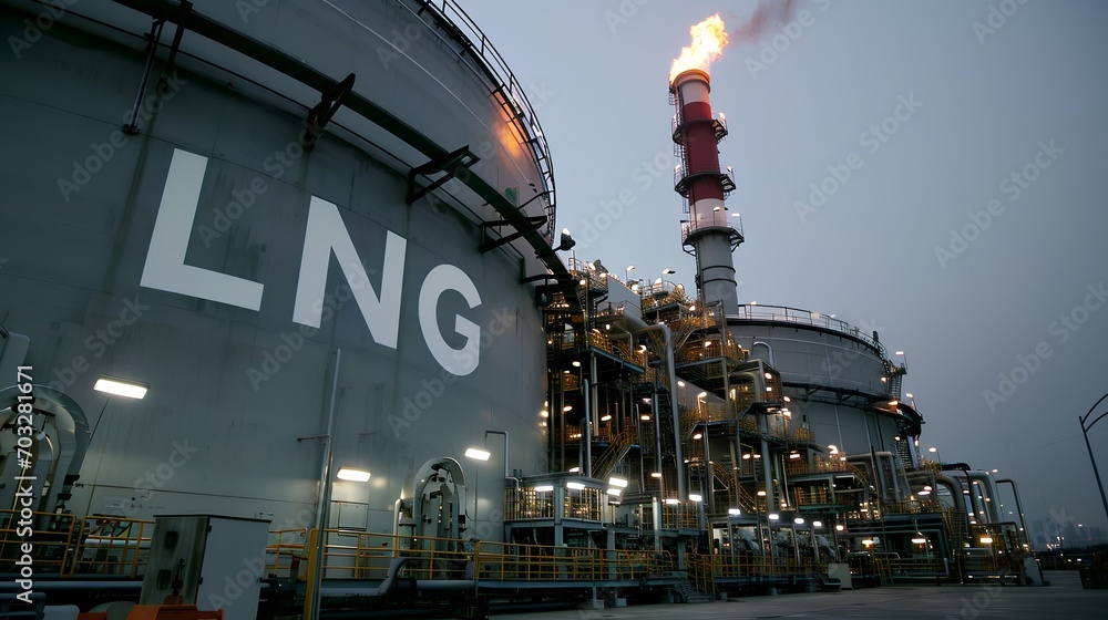A vast industrial complex with a massive LNG storage tank designed for ...