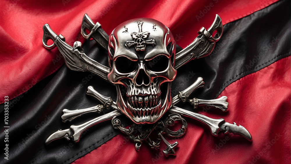 Metallic skull pirate pin on a waving red and black flag, hacker emblem ...