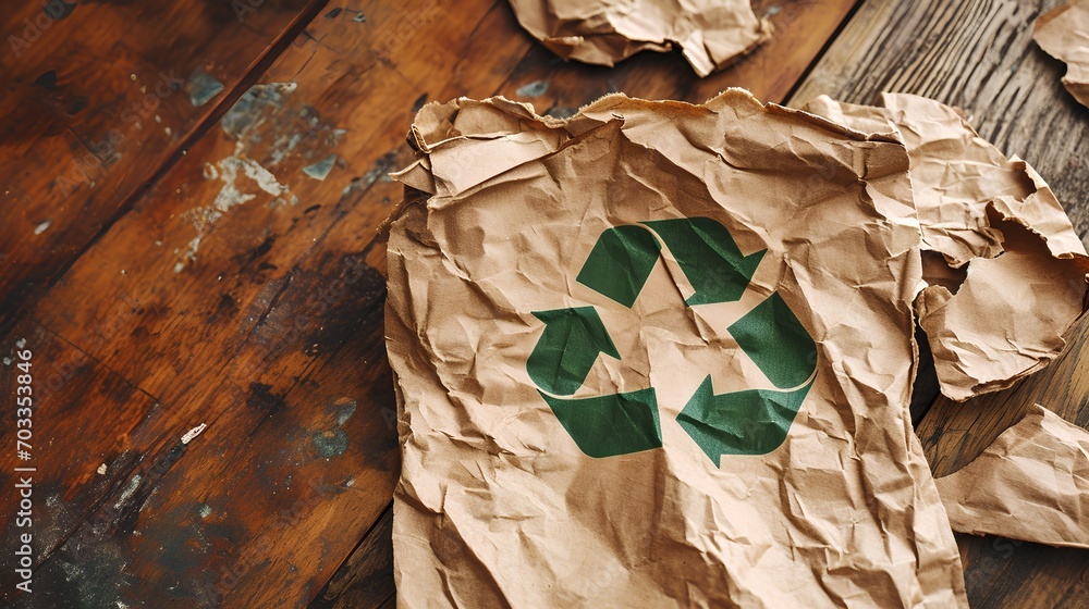 Crumpled piece of paper with a bright green recycle symbol prominently ...