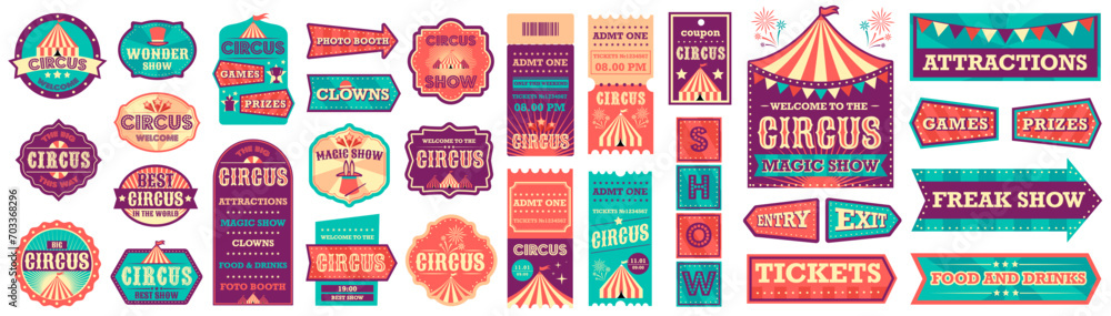 Vintage circus labels and carnival signboards. Illustration of circus ...
