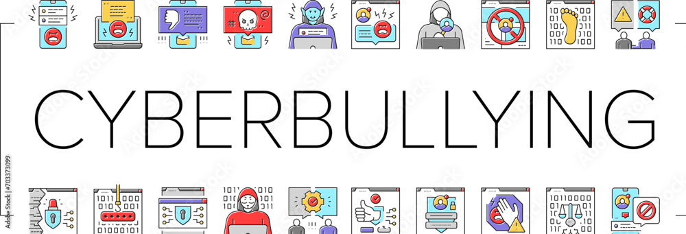 Vector de Stock cyberbullying cyber online icons set vector. bully ...