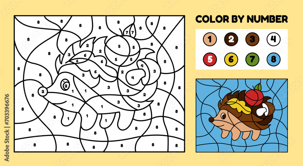 Worksheet coloring puzzle. Cartoon hedgehog. Autumn apple leaves or ...