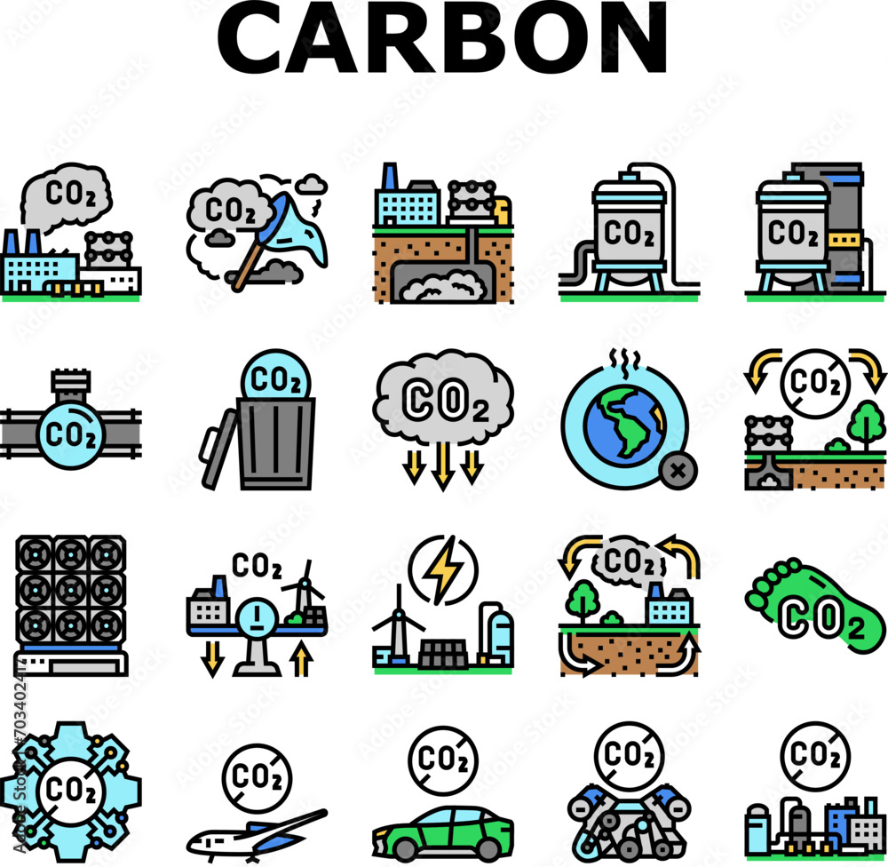 Carbon Capture Co2 Storage Icons Set Vector Energy Footprint Utilization Sequestration Green