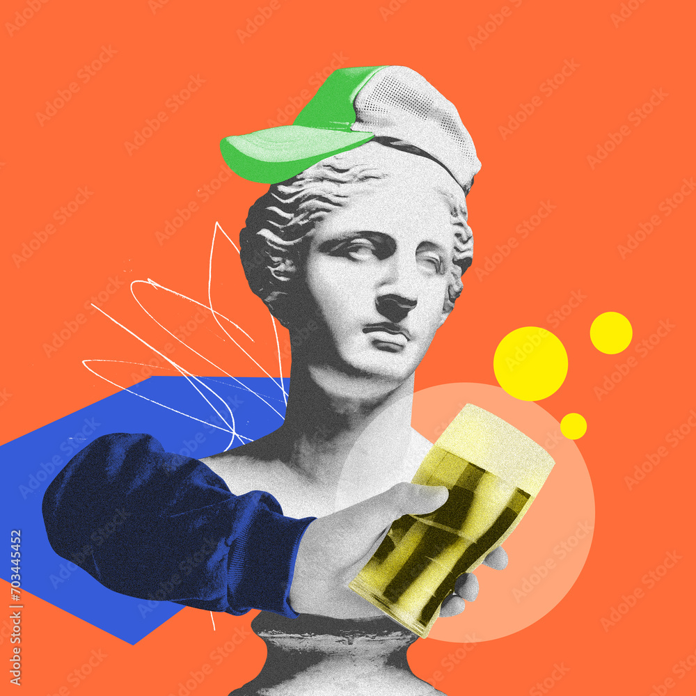 Antique statue bust, replica in cap with beer mug over bright orange ...