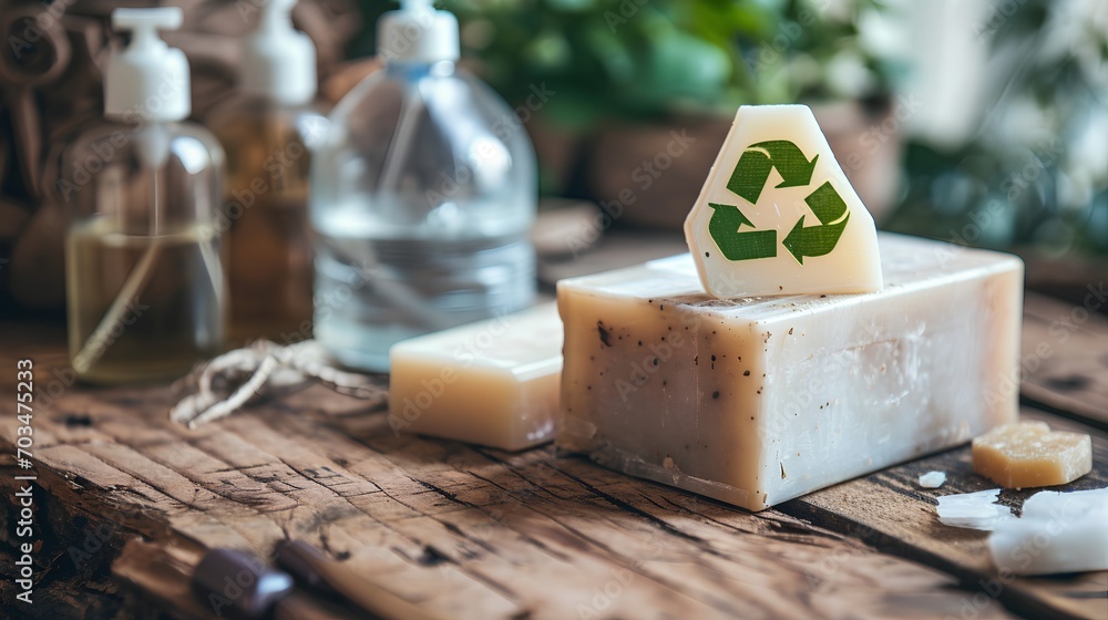 A bar of eco-friendly soap with the recycling symbol, representing ...