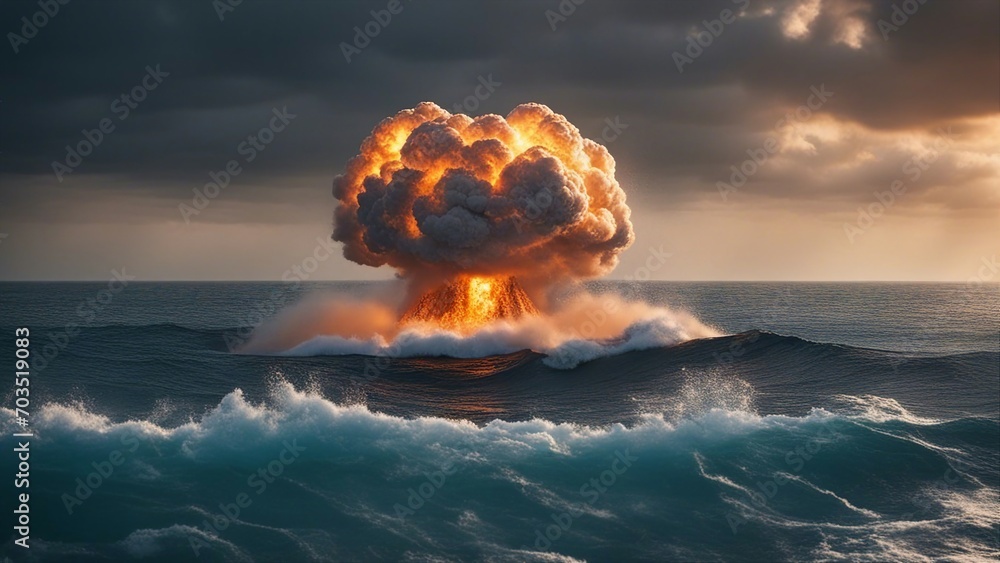 fire and water A nuclear bomb exploded in the ocean, creating a massive ...