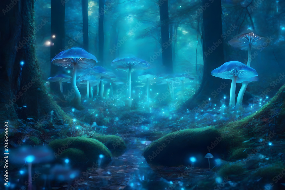 Enchanted forest with towering trees, bioluminescent leaves, and a ...