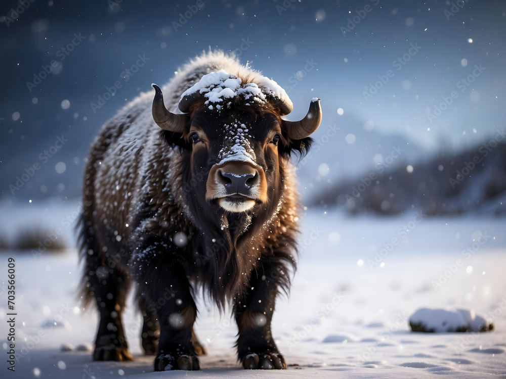 Photo Stock Musk Ox stands on the ice, its shaggy fur blending with the ...