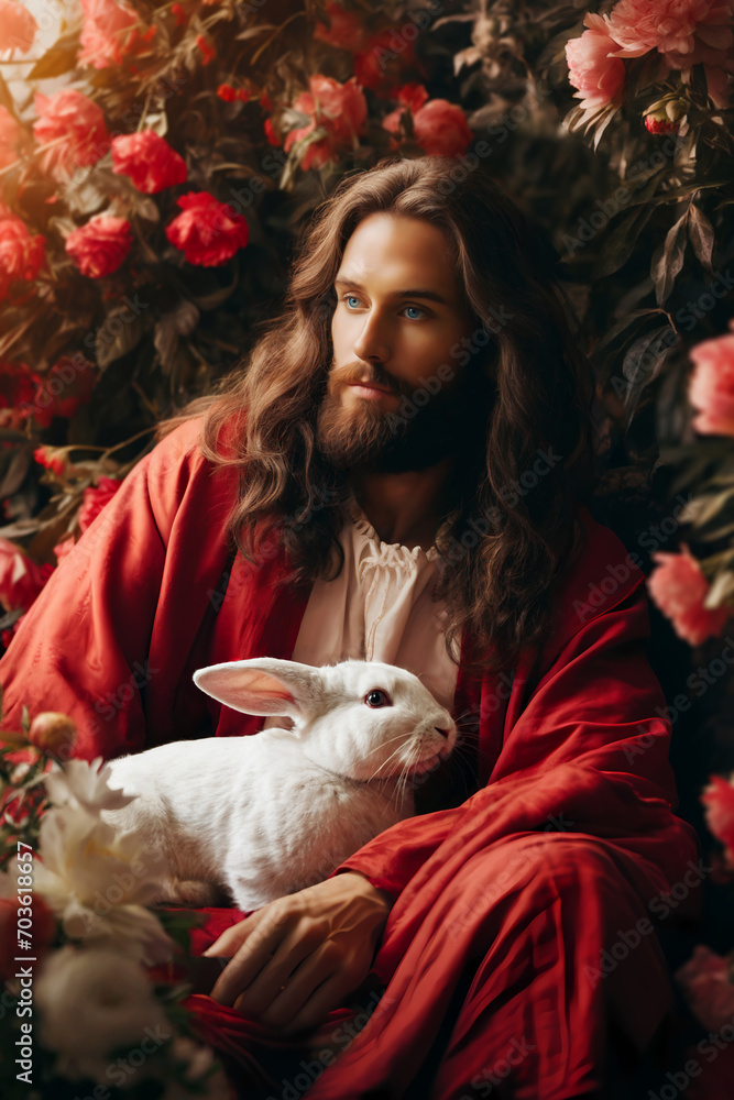 Jesus Christ in red robe holding a white rabbit. A man with blue eyes ...