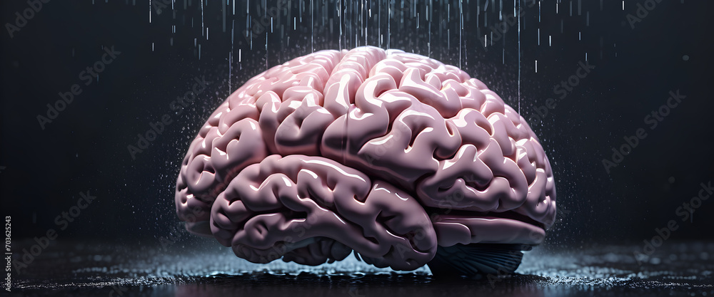 Raindrops pouring down on a glossy light pink brain model. Water ...